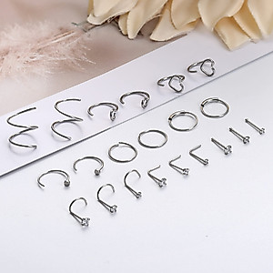 Besteel 21Pcs 22G Nose Rings Hoops 20G Surgical Steel Nose Studs Nostril Nose Piercings Jewelry for Women Men Heart Double Nose Ring Hoop for Single Piercing 1.5mm 2mm 2.5mm CZ silver