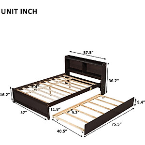 Harper & Bright Designs Full Bed Frame with Trundle, Full Trundle Bed with Bookcase Headboard, Wood Full Size Platform Bed with Twin Trundle Bed Under for Kids Girls Boys, Espresso
