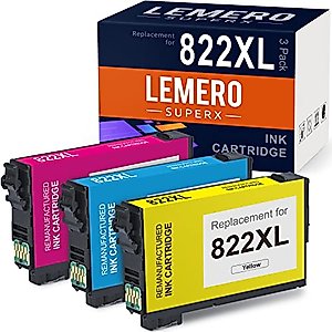 LemeroSuperx 822XL Remanufactured Ink Cartridge Replacement for Epson 822XL 822 XL, Work for WF-3820, WF-4820 WF-4830 WF-4834 Printer (Cyan Magenta Yellow, 3 Pack) WF-3820 Printer Ink