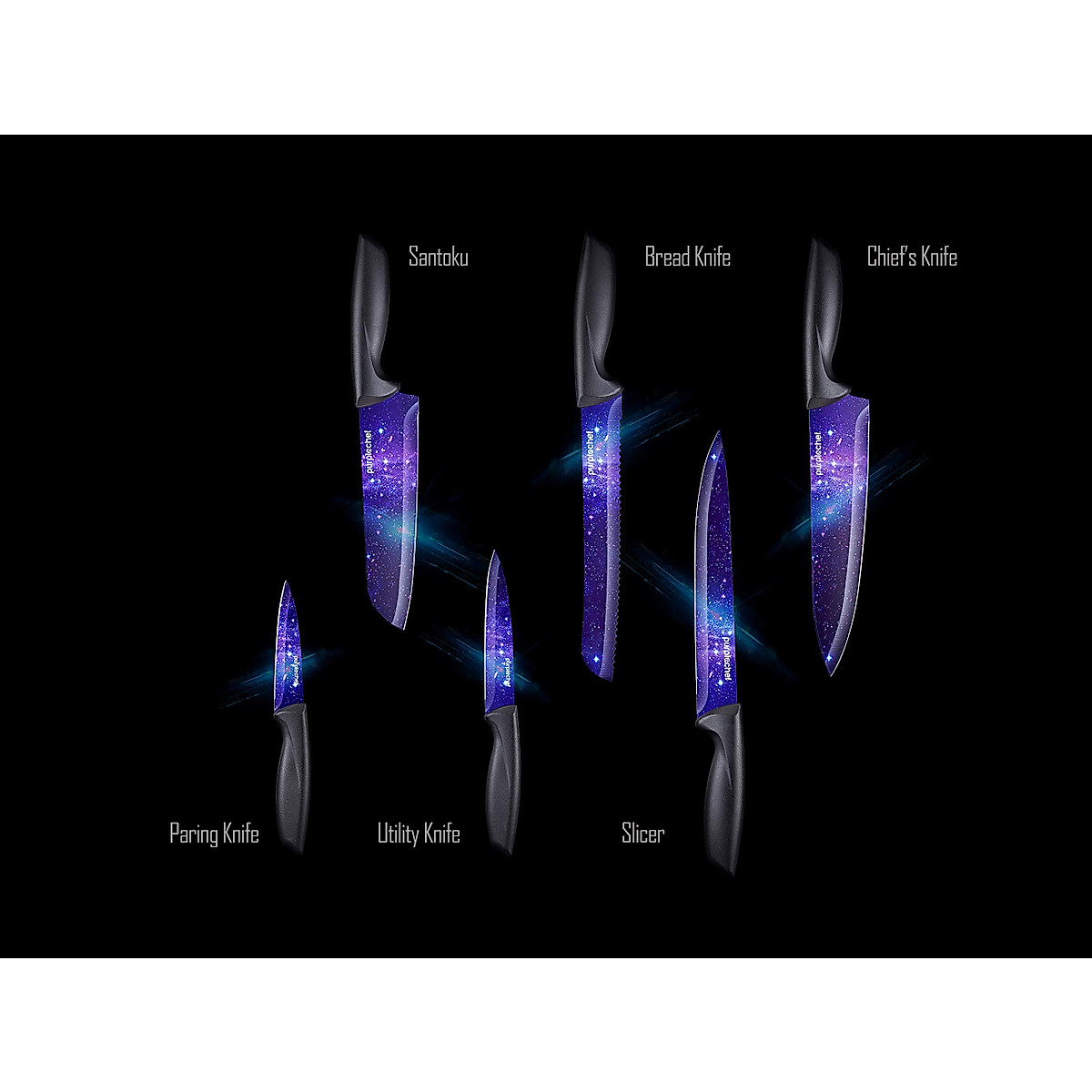 PurpleChef 10 Pieces Purple Galaxy Kitchen Knives Set. Includes 6 Stainless Steel Knives, Scissors, Knife Sharpener, Peeler, and Clear Acrylic Stand.