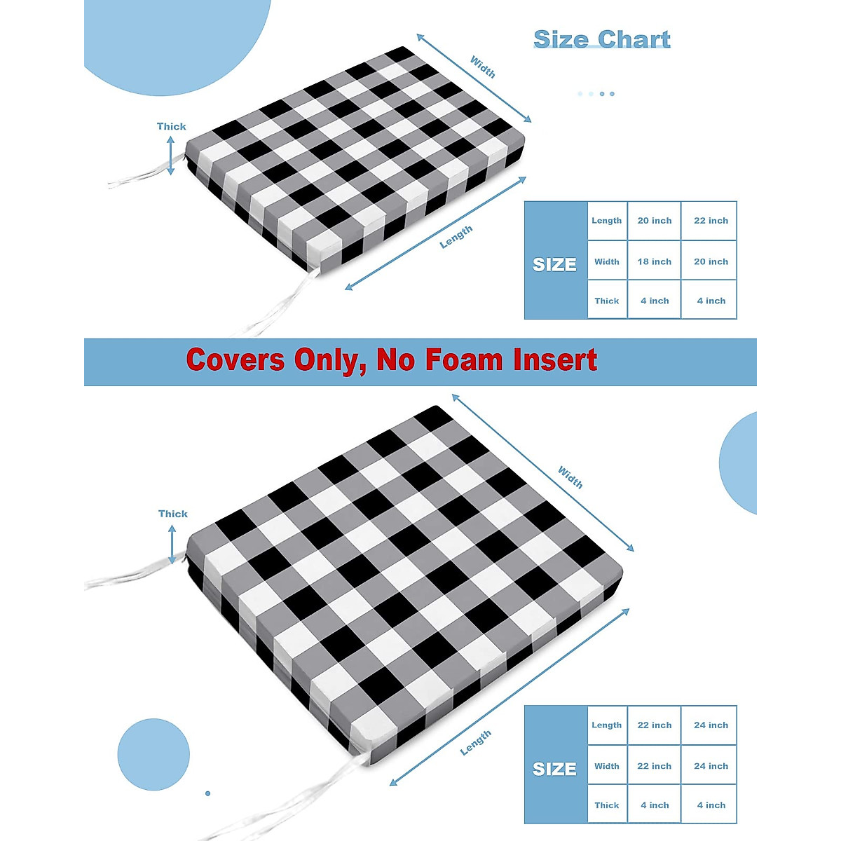 ZFUNCING 2 Pack Waterproof Patio Cushion Cover for Outdoor,Rustic Farmhouse Buffalo Check Plaid Washable Replacement Covers Furniture Seat Slipcover for Couch Sofa Chair,White Black,22x20in