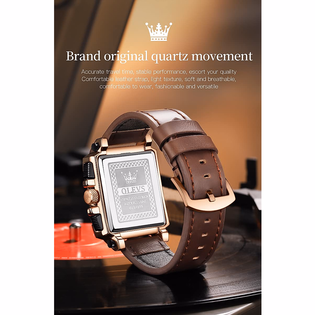 OLEVS Square Watches for Men Brown Leather Chronograph Fashion Business Watch Luminous Waterproof Casual Wrist Watches