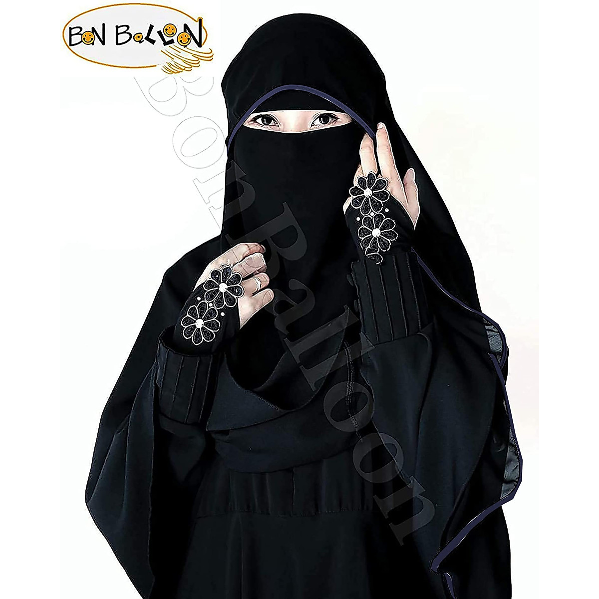 Saudi Chiffon First Class Quality Long Saudi Niqab Burqa Hijab Face Cover Veil Islam Islamic Jilbab (Black x Dark Blue Satin)