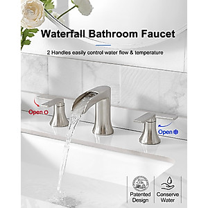 HOIGY Brushed Nickel Widespread Bathroom Faucet, 2 Handles Waterfall Faucet, Bathroom Faucets for Sink 3 Hole, 8 Inch Solid Brass Bathroom Sink Faucets for Vanity Lavatory Restroom with Pop Up Drain