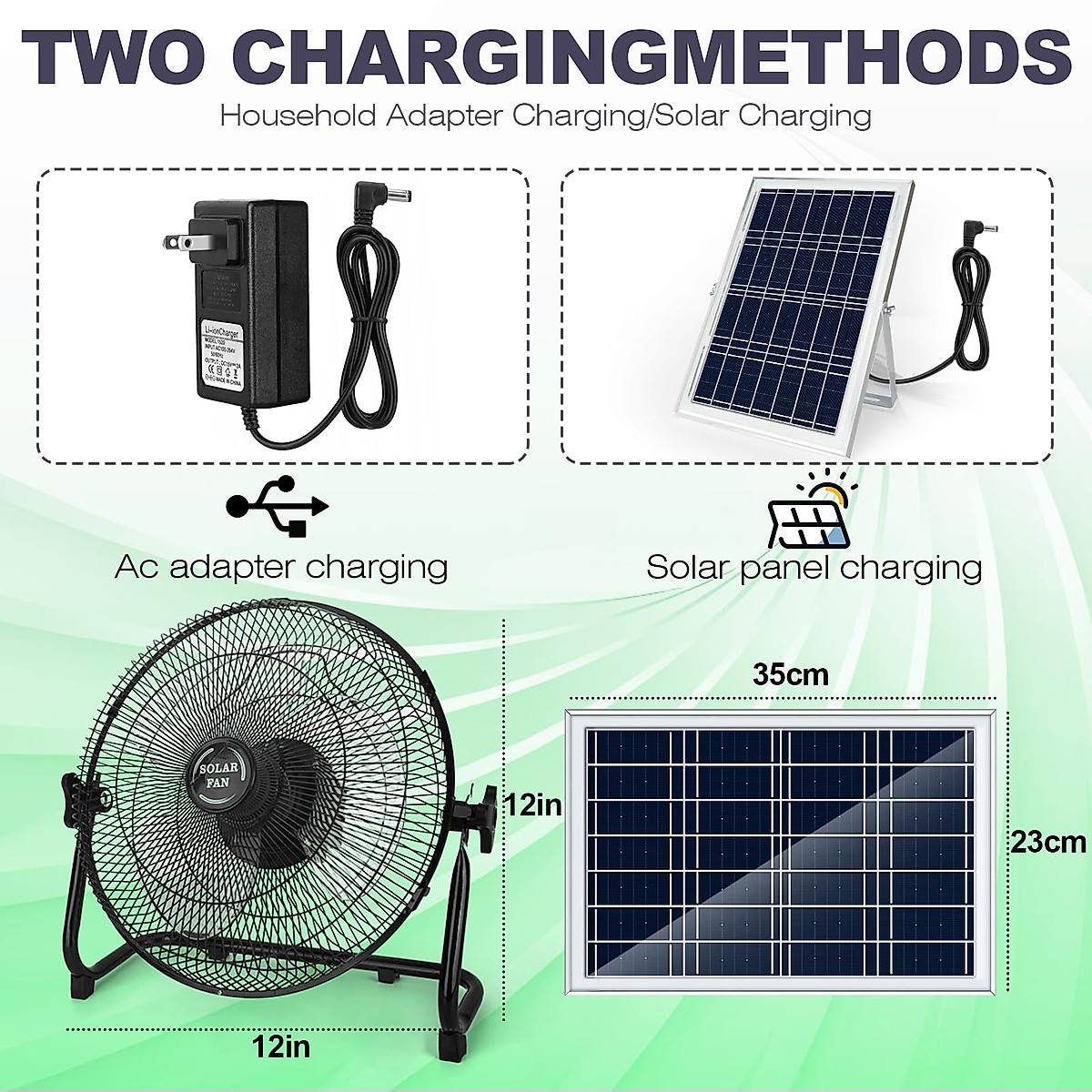 TonyEst Portable Solar Fan, 12'' Rechargeable Solar-Powered Tent Camping Fan with 12000mAh Battery, Cordless Floor Fan with USB Output, Dual-Use for Home, Outdoor, Travel, Patio, Car, Worksite