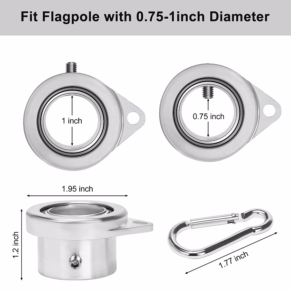 MOFEEZ Flag Pole Rings with Bearings, Fit Flagpole with 0.75-1inch Diameter, 360 Degree Anti-Wrap Aluminum Alloy Rotating Flag Mounting Rings with Carabiner Tangle Free(Pack of 2-Silver)