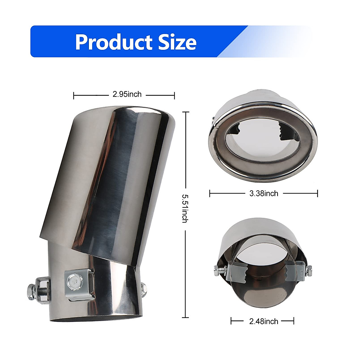 Miytsya 1 PC Car Exhaust Tip, 2.48" Inlet 3.34" Outlet 5.5" Overall Length Stainless Steel Exhaust Tips, Universal Chrome Polished Tailpipe Tip, Muffler Tip Pipes, Bolt On Design (Silver/Bending)