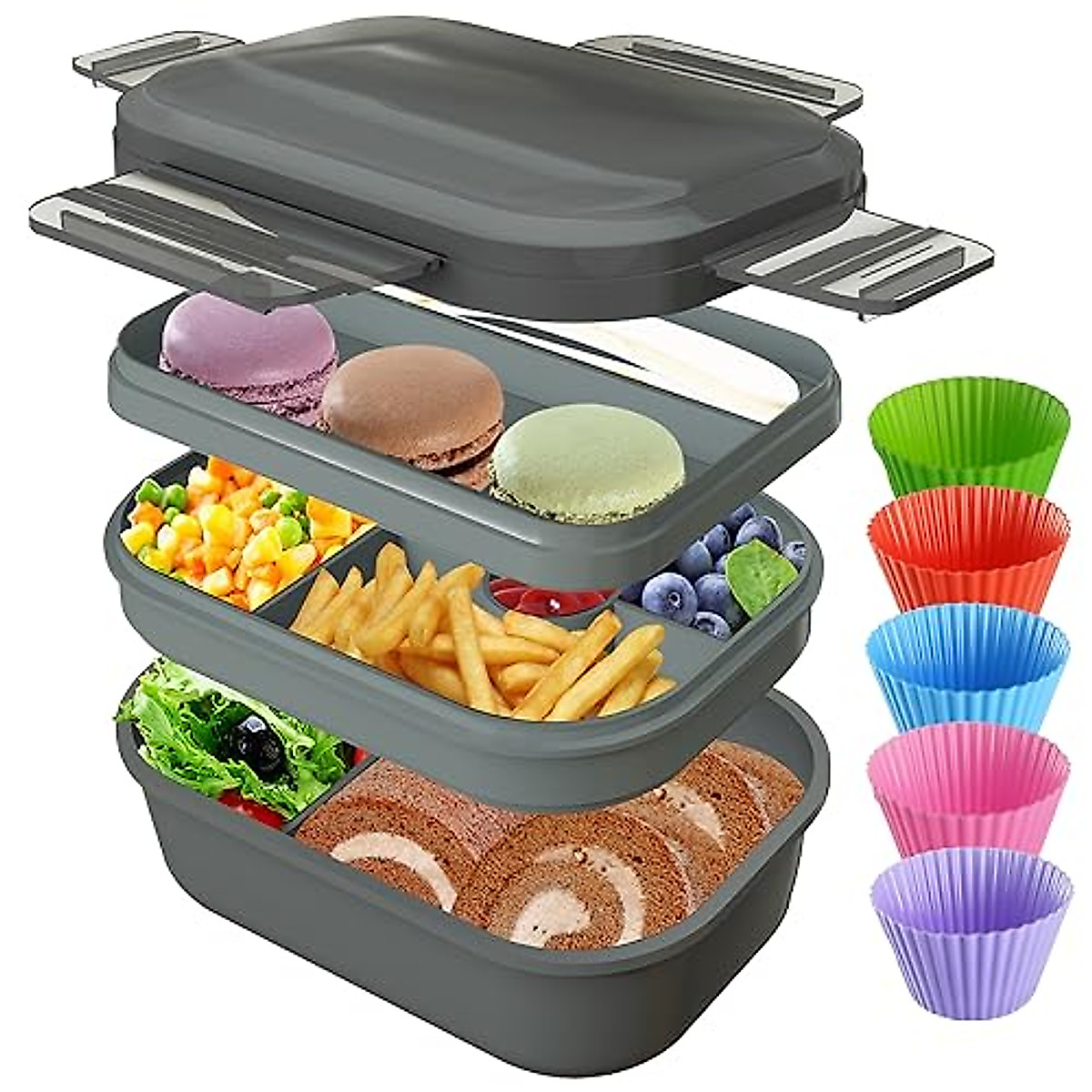 CocoMeiwei Bento Box Adult Lunch Box, Bento Lunch Box with 5 Silicone Cupcake Liners, Leak-proof Bento Lunch Box Containers 3 Tiers 50oz, 6compartments Large Capacity for Working Grey