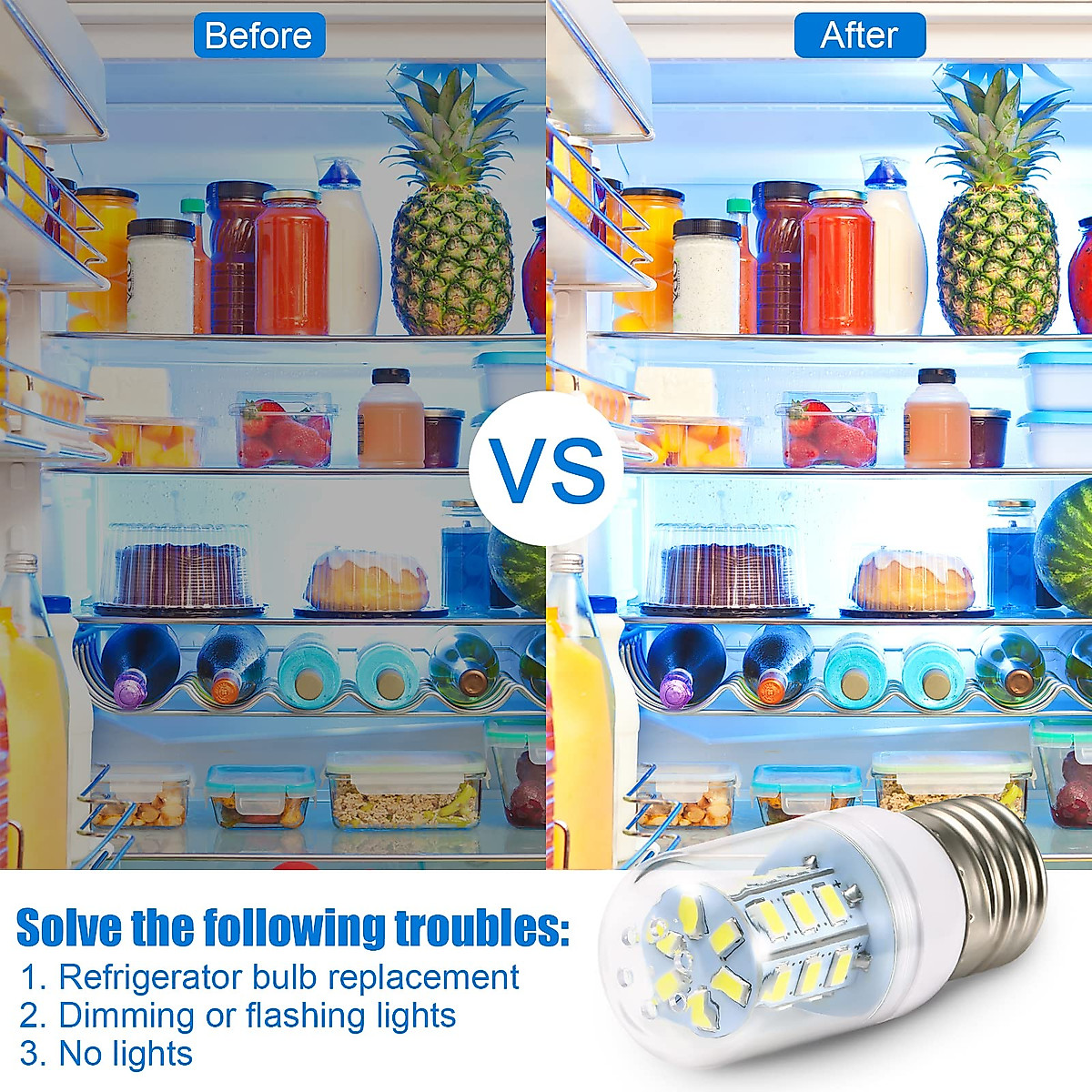 Freeboy 5304511738 LED Refrigerator Light Bulb Replacement for Frigidaire Electrolux Kenmore Refrigerator PS12364857, AP6278388,4584444,KEI D34L Refrigerator Bulbs-E26 3.5W 2 Pack (White Light)