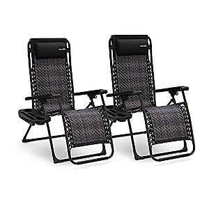 SereneLife Foldable Outdoor Zero Gravity Lawn Chair, Adjustable Rattan Recliners, w/Removable Padded Headrest Pillows and Cup Holder Side Tables, Set of 2, One Size