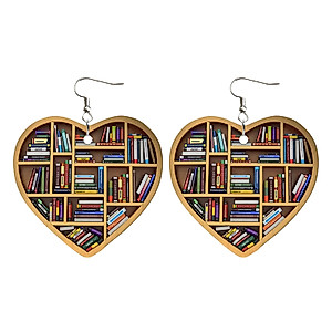 Book Lover Heart Shaped Bookshelf Earrings Acrylic Ornament Teal Hoop Earrings (One Size, C)
