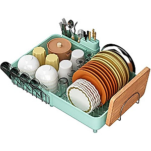 ADBIU Large Dish Drying Rack with Drainboard Set（12.8" - 20"） Expandable Compact Dish Drainer, 1 Piece Cyan