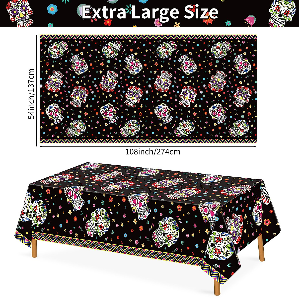 Hxezoc 3 Pack Day of The Dead Tablecloths, Disposable Plastic Skull Party Table Cover for Dia De Los Muertos Party Mexican Festival Holiday Party Decorations Outdoor Indoor Party Supplies