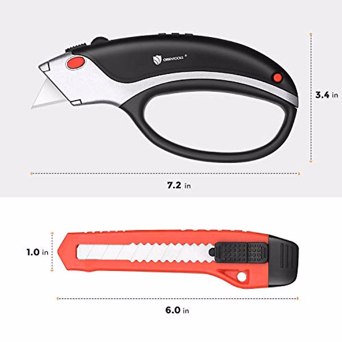 ORIENTOOLS Utility Knife Box Cutter, 2 Sets Retractable Auto-Lock Razor Knife with 5 Extra Sharp Blades and Snap Knife Combo, Non-Slip Handle Ergonomic