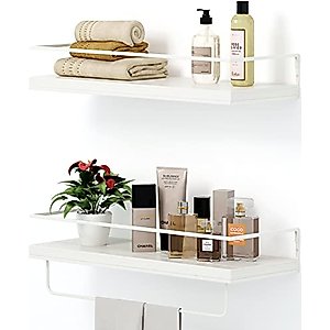 Shario Floating Shelves - Set of 2, Wall Mounted Hanging Shelves with White Towel Rack, Decorative Storage Shelves for Bathroom, Kitchen, Living Room & Bedroom (Rustic White)