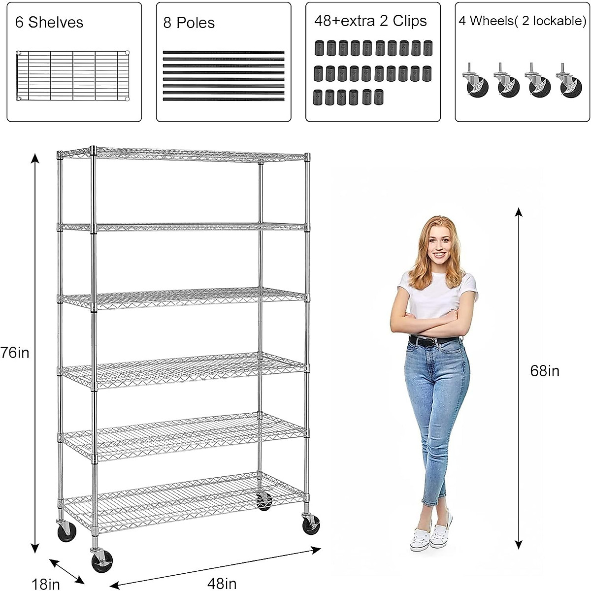 YRLLENSDAN 6000Lbs Capacity Adjustable Storage Shelves Heavy Duty Shelving Unit 6 Tier Metal Shelving with Wheels NSF Wire Shelving (48" W x 18" D x 72" H,Chrome)