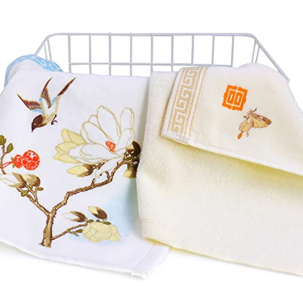 Kissvian 2-Pack Pure Cotton Square Face Towel Hand Towels, Chinese Style Imperial Garden Pattern Facial Cleansing Cloths, Ultra Soft and Gentle Washcloths for Bathroom, Size 14.5" x 14.5".