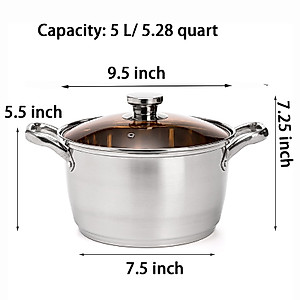 TOPZEA 5.3 Quart Stainless Steel Stockpot with Glass Lid, Tri-Ply Stainless Clad Stock Soup Pot SaucePan, Induction Pots Kitchen Cookware, Compatible with All Cooktops, Oven & Dishwasher Safe