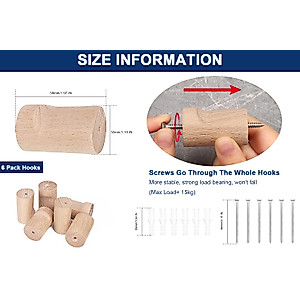 NearMoon Wood Wall Hooks, Natural Wooden Coat Hooks- Modern Handmade Decorative Hat Hooks Wall Mounted, Heavy Duty Rustic Wooden Wall Pegs for Hanging Towel Bag Clothes, 6 Pack (Beech)