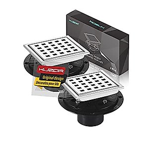 KUZOR Square Shower Drain 4 inch, Brushed Nickel 2 Pack Floor Drains for Shower with Flange and Hair Strainer, Brushed 304 Stainless Steel Quadrato Pattern Grate Removable, Fast 6.5 GPM Drainage