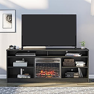 Ameriwood Home Hendrix 65" TV Stand with Electric Fireplace Insert and 6 Shelves, Black Oak