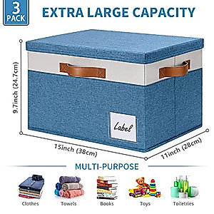 GhvyenntteS Fabric Storage Bins with Lid (6-Pack) Large Closet Storage Bins with Lid and 3 PU Handles, Foldable Fabric Storage Boxes with Label Window for Home Bedroom Office (Grey & Blue, Large)