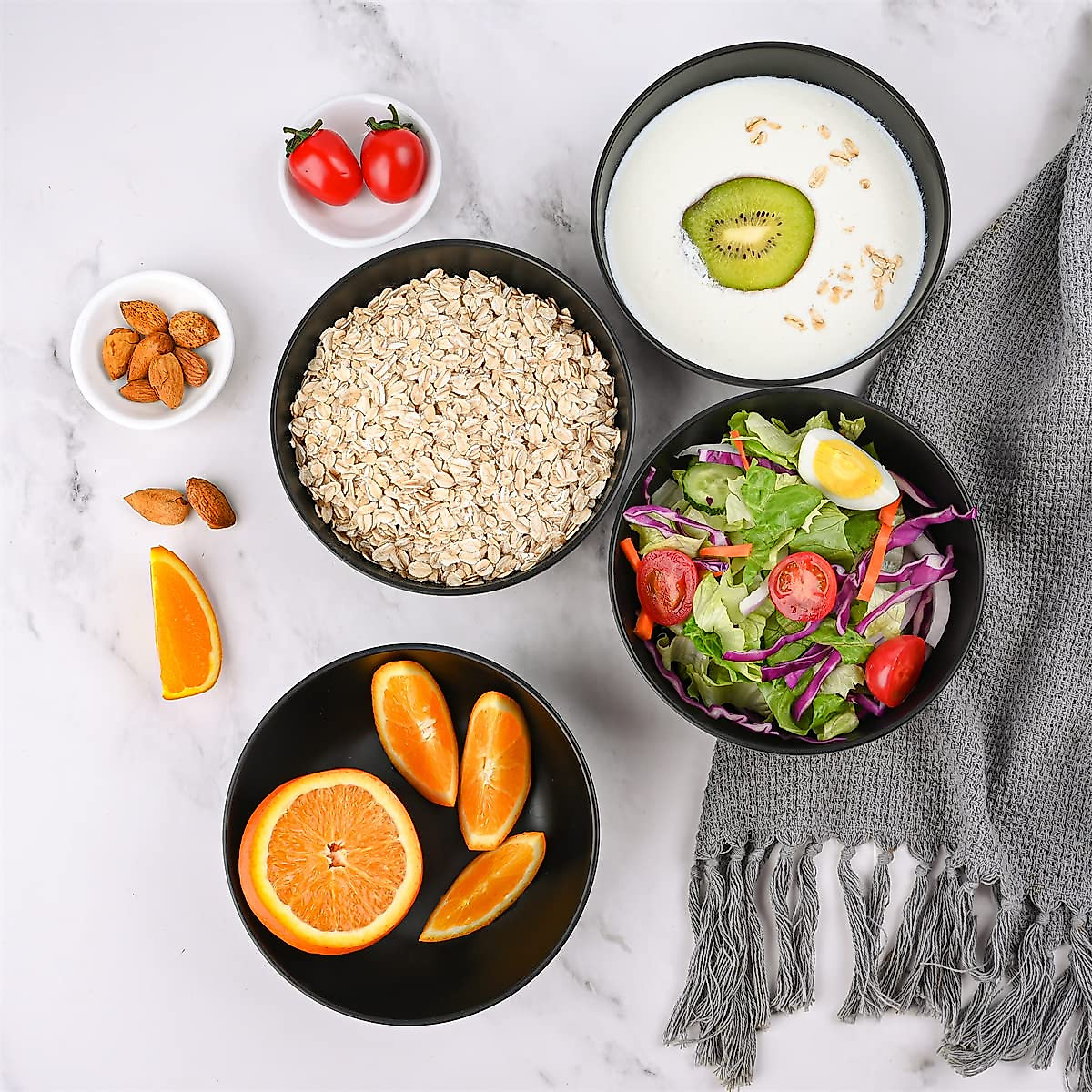 LOVYANXUE Salad Bowl with Lid, 9.8" Large Salad Bowl Set with Lid Spoon Fork, Natural Bamboo Fiber Salad Bowl and 4 small Bowls for Salad, Fruits, Vegetables, Pasta, Popcorn