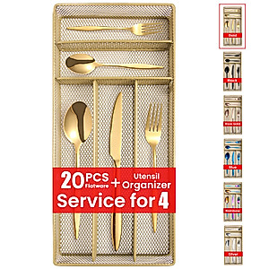 20 Pieces Gold Silverware Set with Tray for 4, KITWARE Stainless Steel Flatware Set, Mirror Polished Culery Set for Home Restaurant Office, Starter Set Tableware