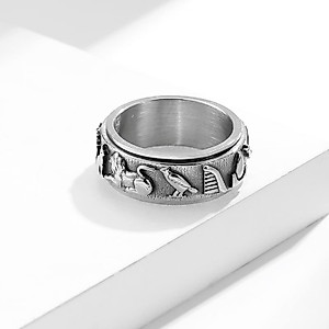 8mm Vintage Egyptian Spinner Rings with Symbol Totem Retro Stainless Steel Gothic Punk Personalized Rapper Biker Animal Pattern Spins Ring Jewelry for Mens Women Boys Teens