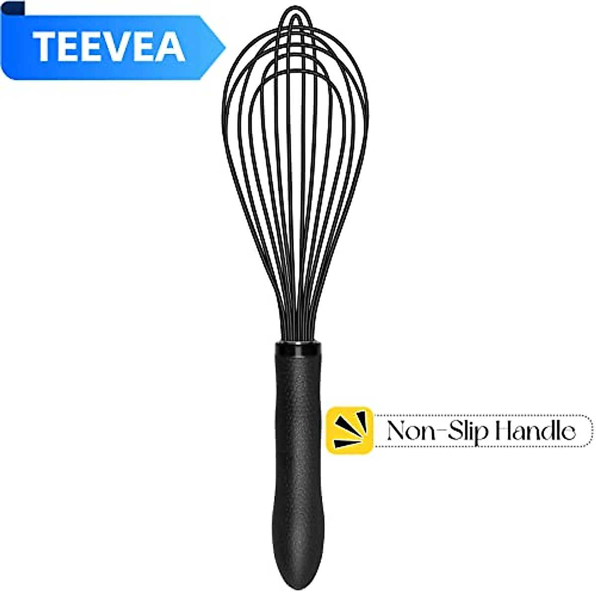 TEEVEA Silicone Whisk,Kitchen Silicone Whisks for Cooking Non Scratch,Wisking Tool Metal Wire Stainless Steel Whisk Egg Bread Silicone Wisk,Small Mini Heat Resistant Whisk 11-Inch,Black
