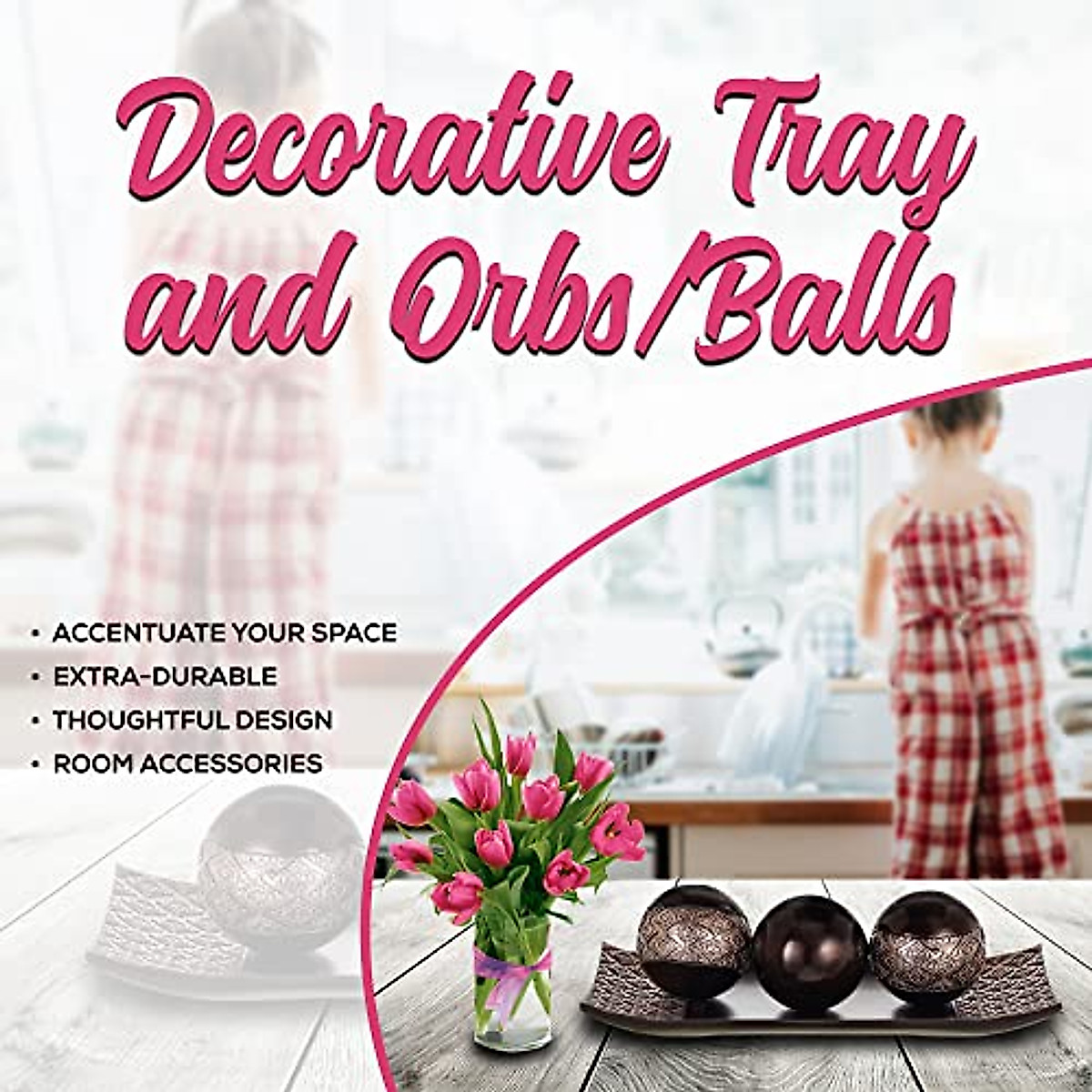 HomeRoots Tray and Orbs Balls Set of 3 | Beautiful Decoration Centerpiece, Home Decor | Decorative Accents Balls for Living Room, Coffee and Dining Table Décor (Brown)