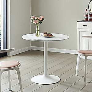 White Round Dining Room Table - 32" Modern Mid-Century Kitchen Coffee Table with Faux Marble Top, Metal Pedestal Base for Home, Office, Small Space