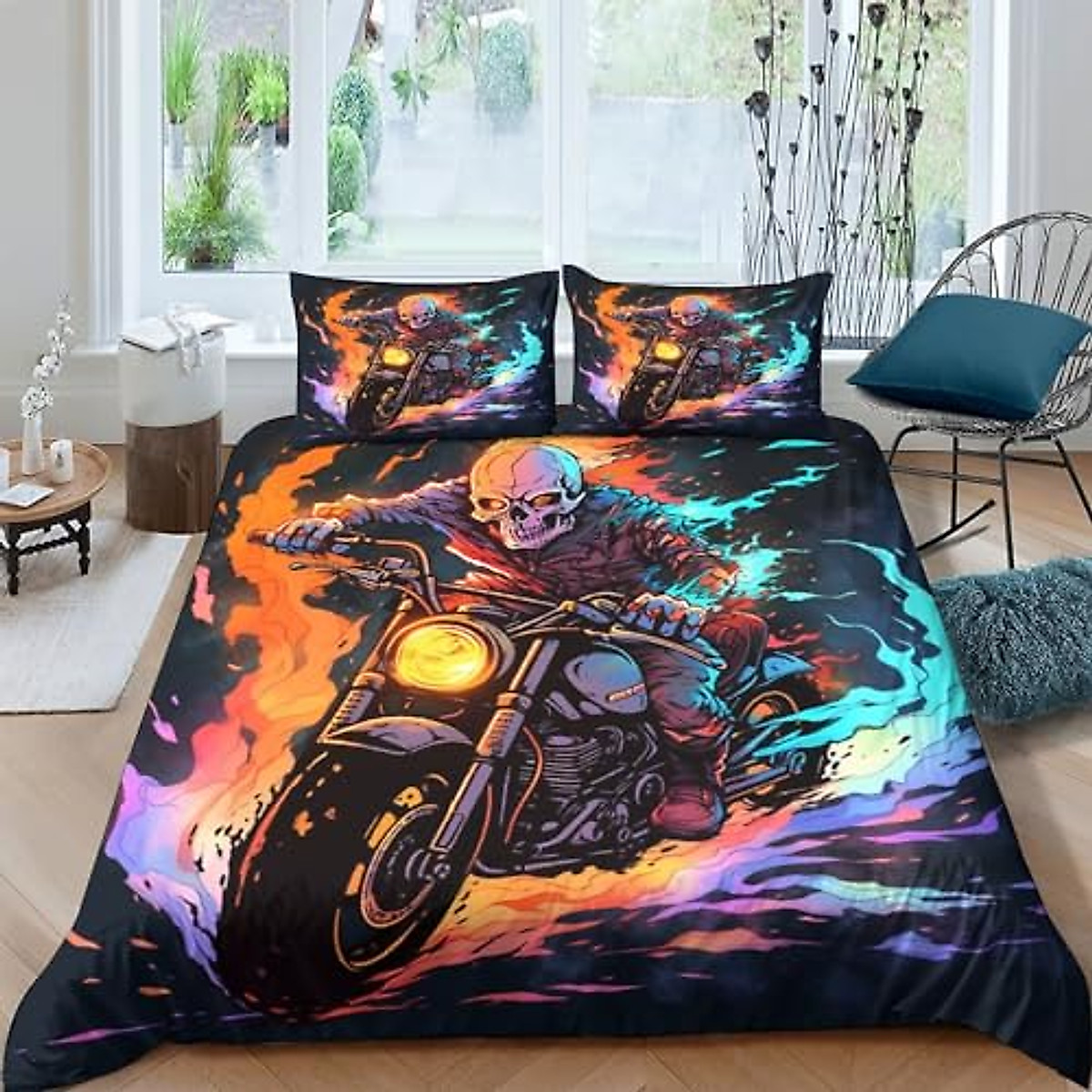 Skeleton Rider Bedding Set Duvet Cover 3D Printed Motorbike Skull Quilt Cover Comforter Covers Microfiber with Pillowcases 3 Pieces for Childrens and Adults with Zipper Closure Twin（173x218cm）