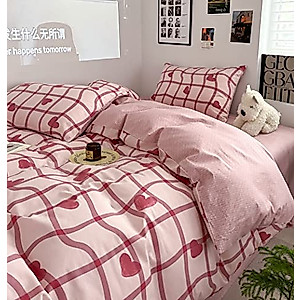 LIWHENHAO Hearts Duvet Cover Set Queen 100% Cotton Bedding Red Heart on Pink Check Plaid 1 Romantic Geometric Comforter Cover Full Zipper Closure 2 Pillowcases for Kids Girls Boys Woman