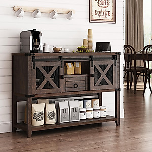 Hlivelood Farmhouse Entryway Table with 2 Sliding Barn Doors & Drawer, 46'' Rustic Console Table with Storage, Open Shelf Space, Industrial Sofa Table for Living Room, Entryway, Hallway, Brown