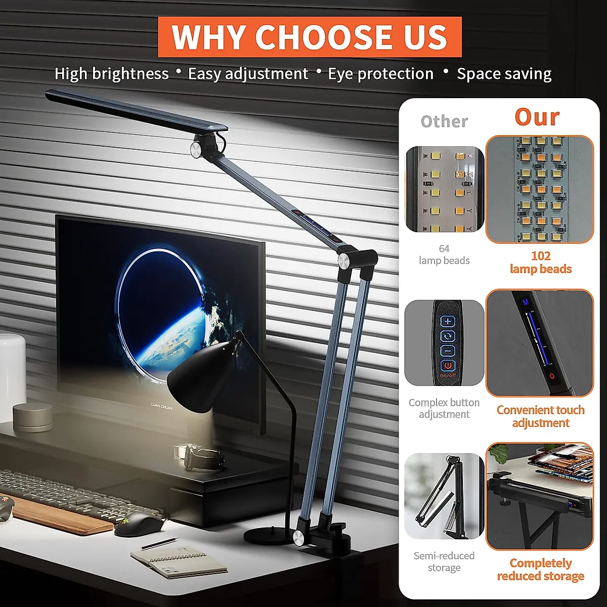 Reifeiniwei LED Desk Lamps,10 Color Modes 2700k-7000k Lighting and Stepless Dimming Modern Table Lamp for Monitor Studio Reading,Architect Clamp for Home Office Iron-Grey 15W…