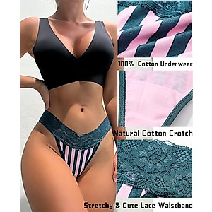 FINETOO Cotton Thongs for Women Sexy V-waist Underwear for Women Lace Waistband Panties No Show T-back Thong for Women