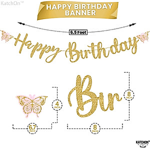KatchOn, Glitter Gold Happy Birthday Banner - Pre-Strung, No DIY | Butterfly Birthday Banner | Gold Happy Birthday Sign for Girls, Gold Happy Birthday Decorations for Women, Birthday Party Decorations