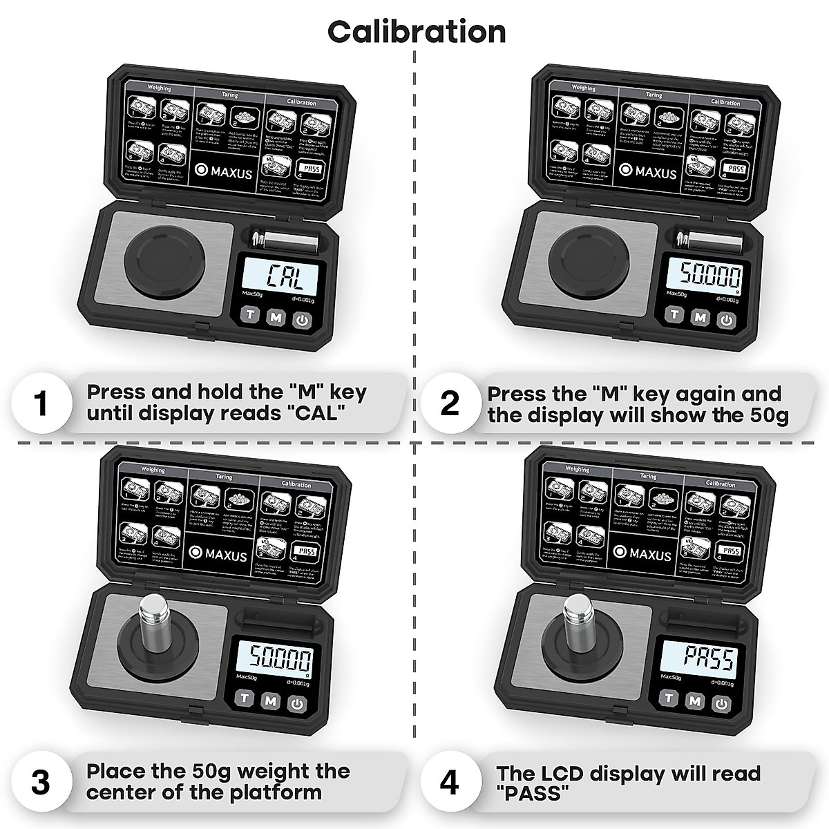 MAXUS Milligram Scale 50g/0.001g, Compact Mg Scale with 50g Calibration Weight, Black Powder Scale for Reloading, includes a Scoop, a Powder Pan, a USB Cable and Tweezers