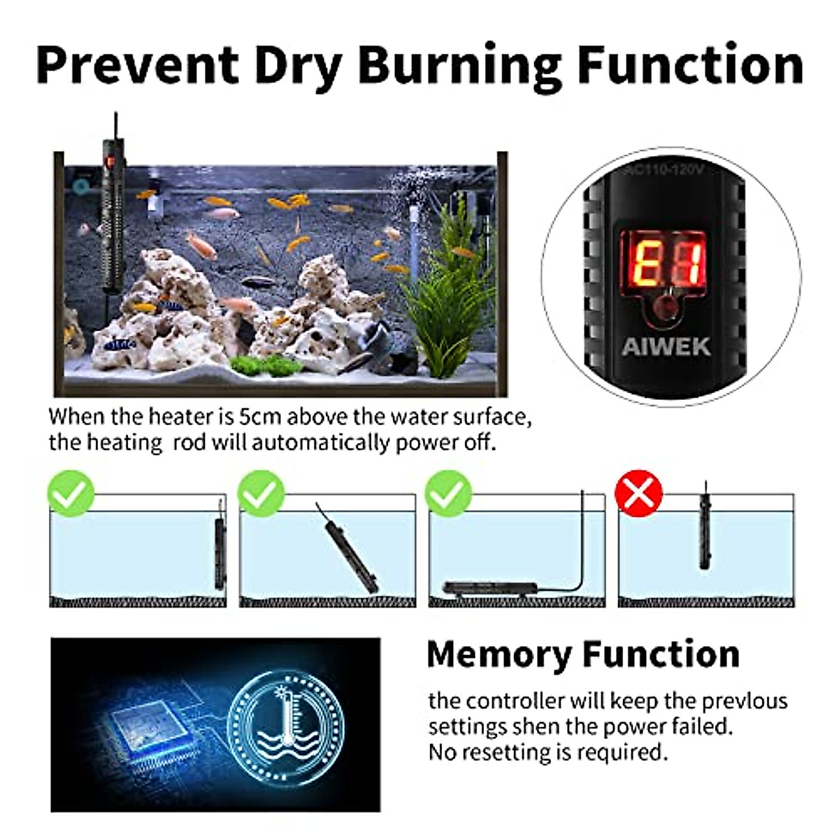 Aquarium Heater 300W Upgraded Fish Tank Heater With Leaving Water Automatically Stop Heating And Advanced Temperature Control System, Suitable For Saltwater And Freshwater 20 Gallons to 60 Gallons