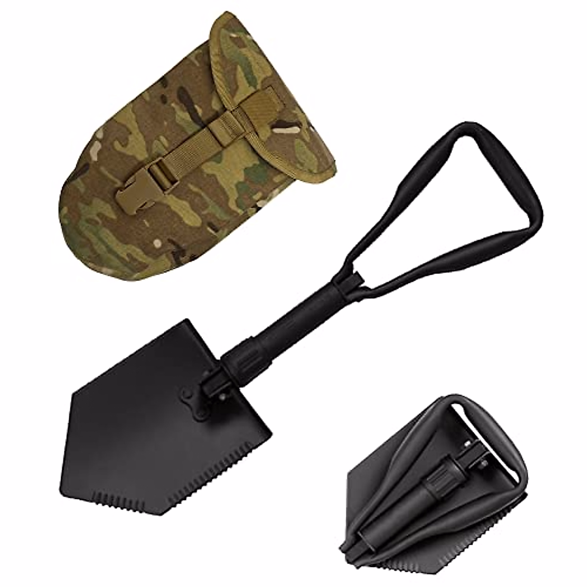 USGI Industries Military Style Shovel | Tri-Fold Entrenching Tool with Serrated Edge | Lightweight, Foldable, Compact, Multi-Use Perfect for Camping, Survival, Trenching (OCP Cover)