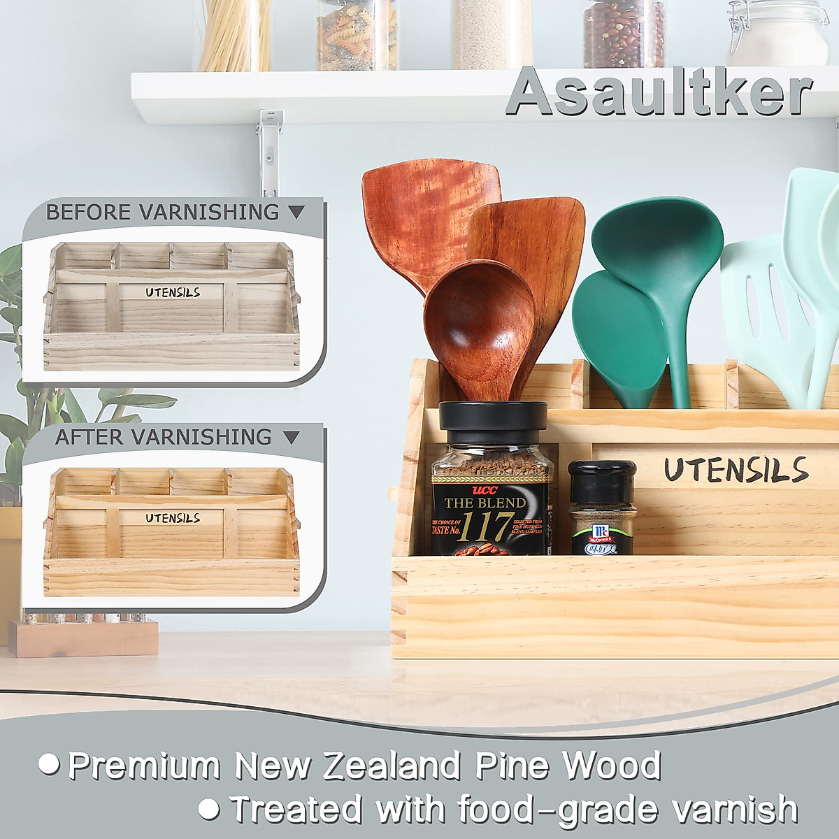 Asaultker Large Kitchen Utensil Holder for Countertop with 5 Compartments, Utensil Holder Kitchen Utensil Organizer with Handles, Wood Utensil Holder for Home Decor (Utensil Not Included)