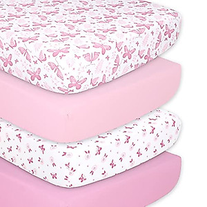 The Peanutshell Pink Butterfly Crib Sheet Set for Baby Girls, 4 Pack