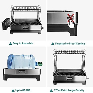 romision Dish Drying Rack, 304 Stainless Steel 2 Tier Large Dish Rack and Drainboard Set with Swivel Spout Drainage, Full Size Dish Drainer with Utensil Holder for Kitchen Counter of Big Family