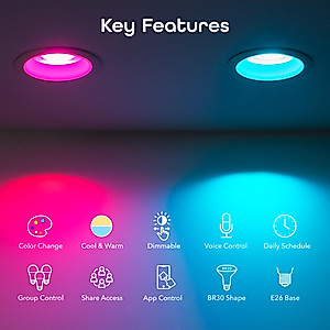 Geeni Prisma Plus BR30 LED Smart Light Bulb, Tunable Hue and Dimmable RGB WiFi Bulb, No Hub Required, Compatible with Alexa and Google Assistant (4 Pack)