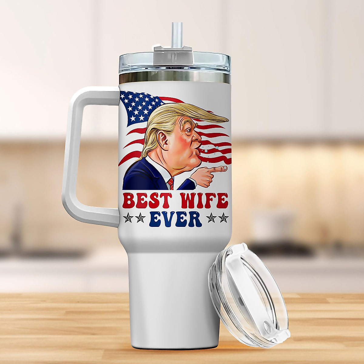 9GIFT4YOU Trump Best Wife Ever Tumbler 40 Oz With Handle, Lid and Straw - American Insulated Cup for Hot and Cold Drinks