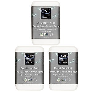 One With Nature Dead Sea Mineral Salt Soap 7oz 3Pk, with Argan Oil & Shea Butter. Dead Sea Salt Contains Magnesium, Sulfur & 21 Essential Minerals. Helps skin conditions, 100% Natural, Fragrance Free