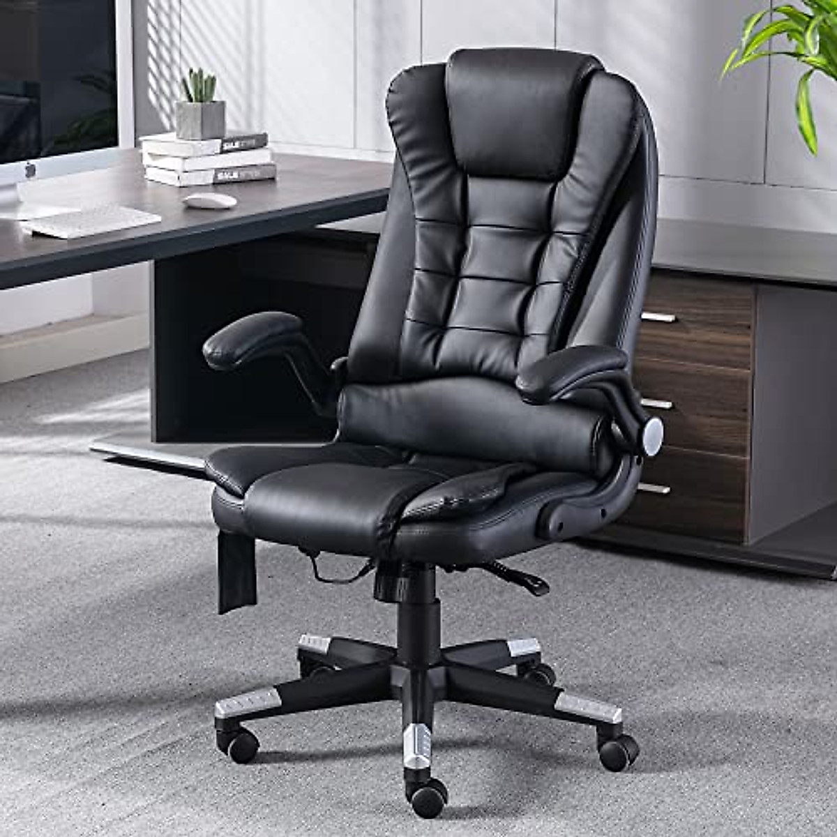 Adjustable Ergonomic Office Chair for Home Office,Massage Office Chair with Heat,Leather Computer Desk Chair,Executive Office Chair with Lumbar Support Thick Bonded Soft Chair (Black)
