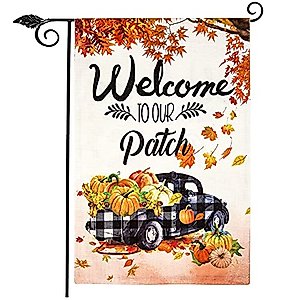 Unves Fall Garden Flag 12.5x18 Double Sided , Fall Porch Decor Burlap Pumpkin with Maple Leaves Welcome to Our Patch, Small Fall Yard Flag for Outside House Harvest Autumn Thanksgiving Decorations