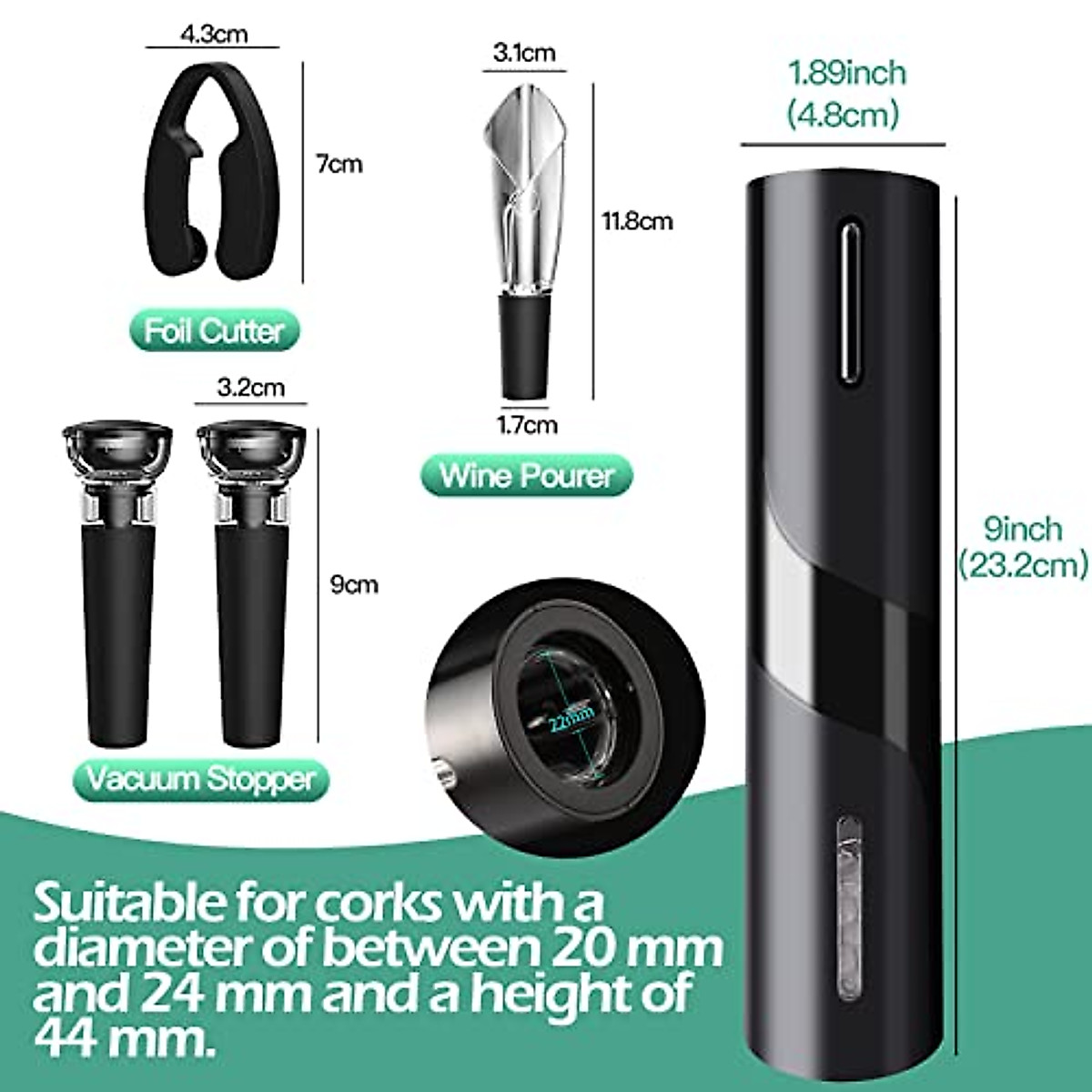 TEBIKIN Electric Wine Bottle opener，Battery Operated Automatic Wine Bottle Corkscrew Opener with Foil Cutter,2 Wine Vacuum Stopper，Wine Pourer for Gift，Home，Party